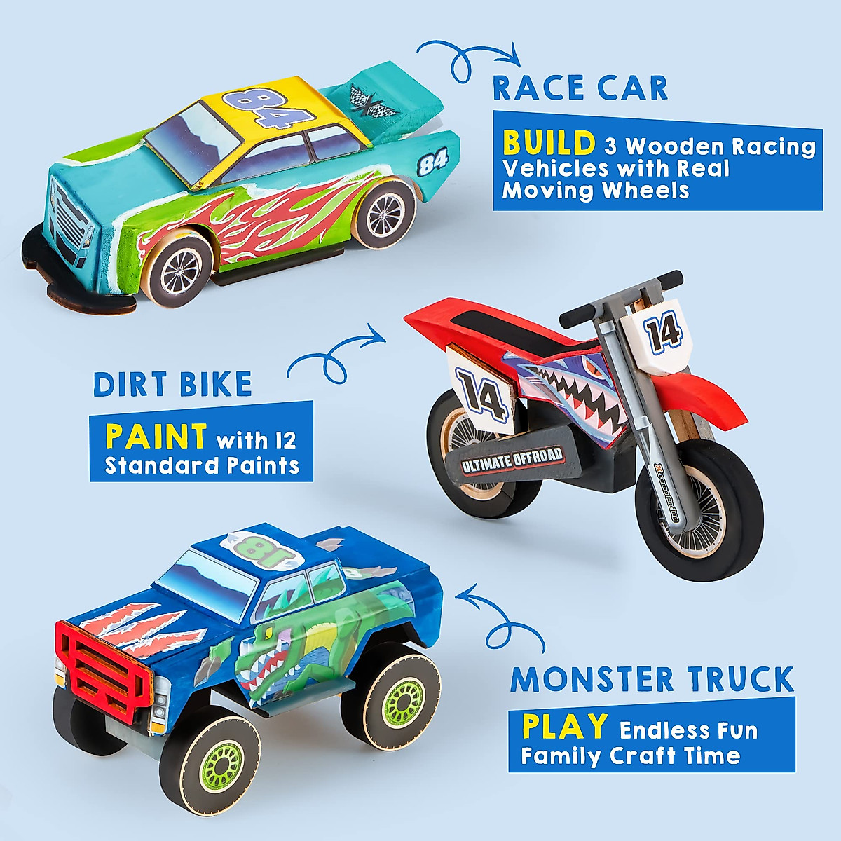 JOYIN Kids Craft Kit Build & Paint Your Own Wooden Race Car Art & Craft Kit DIY Toy Make Your Own Car Truck Toy Construct and Paint Craft Kit, Presents for Kids