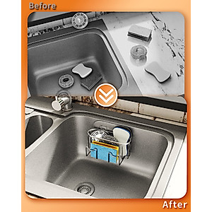 SWTYMIKI Sink Sponge Holder With Double Hook, Stainless Steel Sink Caddy Kitchen Sink Organizer Multifunctional Rustproof Kitchen Sponge Holder for Kitchen Sink Accessories, Silver