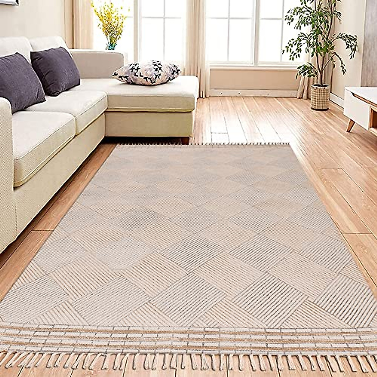 Casavani Handmade Area Rug Hand Block Printed Moroccan Tassels Throw Rug Hand Woven Door Mat Floor Rug Indoor Rugs for Bedroom Bathroom Laundry Room Living Room 6x8 Feet (180x240 cm)