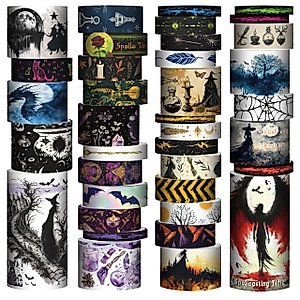 MPOPUUL Washi Tape Set 37 Rolls - Witches Theme Colored Decorative Adhesive Tape for Journaling, Vintage Artists Tape for Junk Journaling Supplies, Scrapbooking, DIY Crafts, Gift Wrapping, Planner