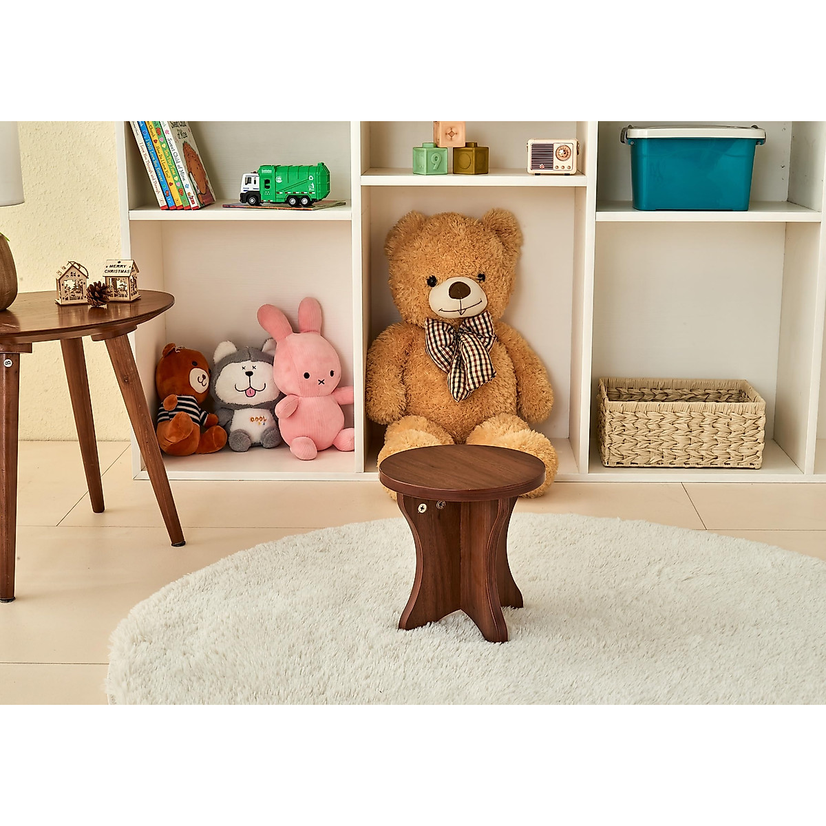woJKod Rubberwood Toddler and Kids Standing Stool, Round-Walnut Finish