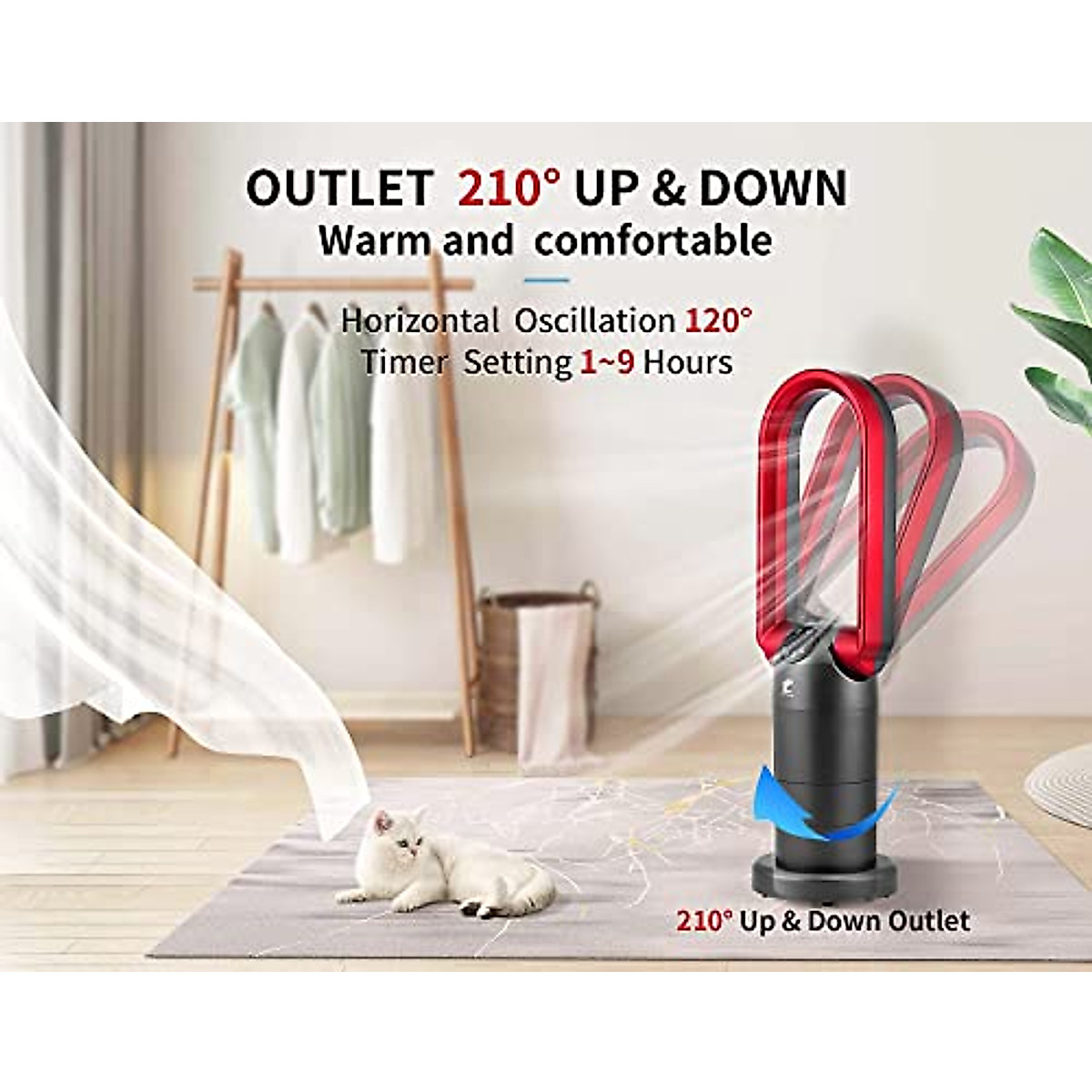 Bladeless Tower Fan & H13 HEPA Air Purifier & 1500W Space Heater 3in1, 120° Swing & 210° Tilt Head Table Fan, 29in. 35W Desk Fan with Remote, 9 Speeds 9H Timer Air Circulator for Home Office-Red