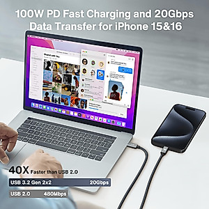 IVANKY USB C to USB C Cable [20Gbps,6.6ft] USB C 3.2 Gen 2 Cable 100W PD Fast Charging, 20Gbps Data Transfer, 4K Video Output[Thunderbolt 3 Compatible] USB C Cable for iPhone15, MacBook Pro, iPad Pro
