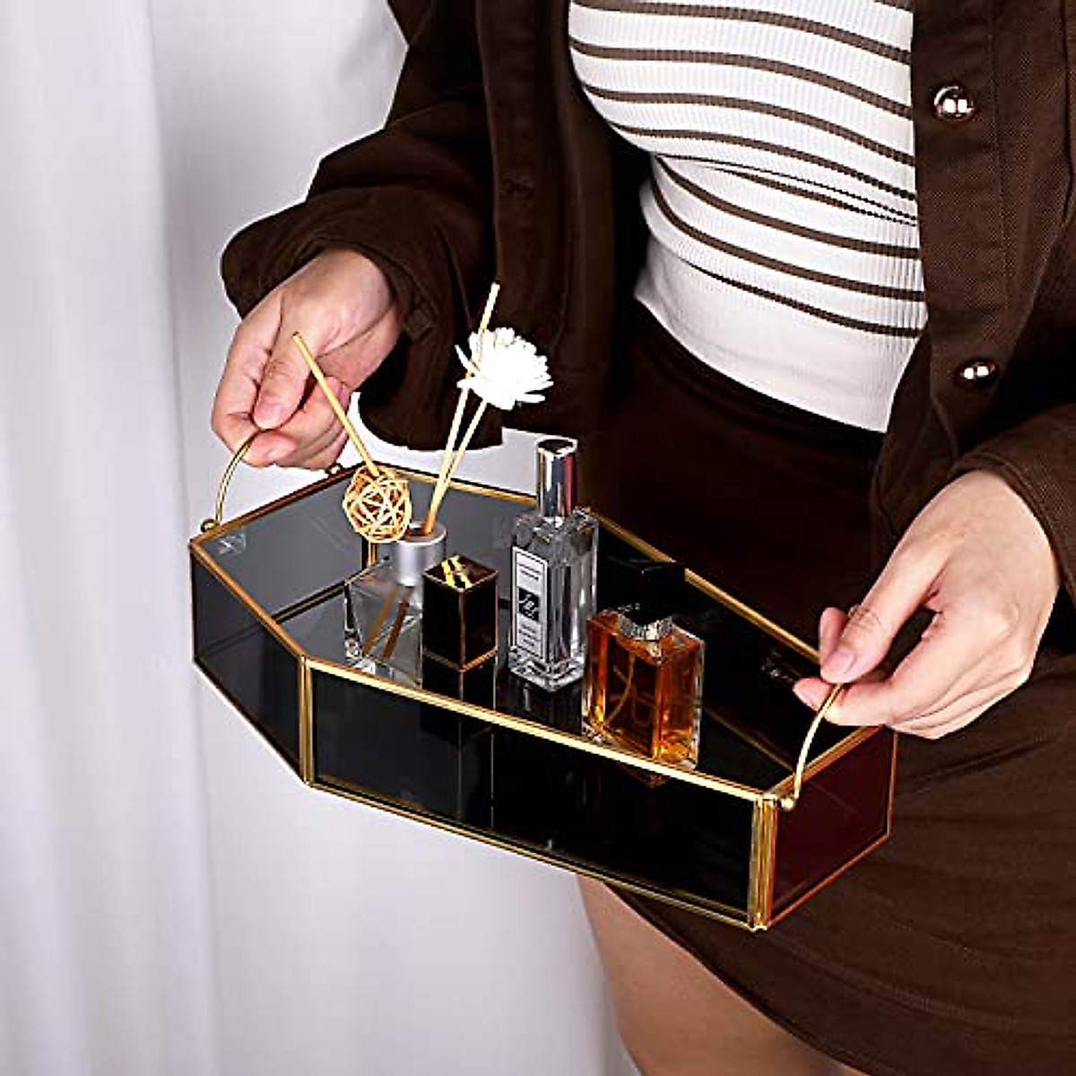 ELLDOO Gold Black Glass Coffin Tray, Gothic Home Decor Jewelry Tray, Coffin Shape Serving Tray, Spooky Decorative Tray Candle Tray with Handle for Halloween