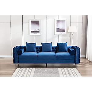 Legend Furniture Velvet Big Comfy Couch Living Room Square Arm Chesterfield 3seats Sofas, 104'', Blue