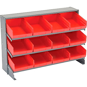 Global Industrial 3 Shelf Bench Rack, (12) 8" W Red Bins, 33x12x21