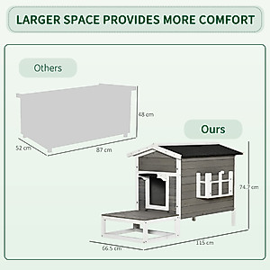PawHut Wooden Cat House Outdoor with Door, Weatherproof 2-Floor Cat Shelter with Asphalt Roof, Balcony, Dark Gray