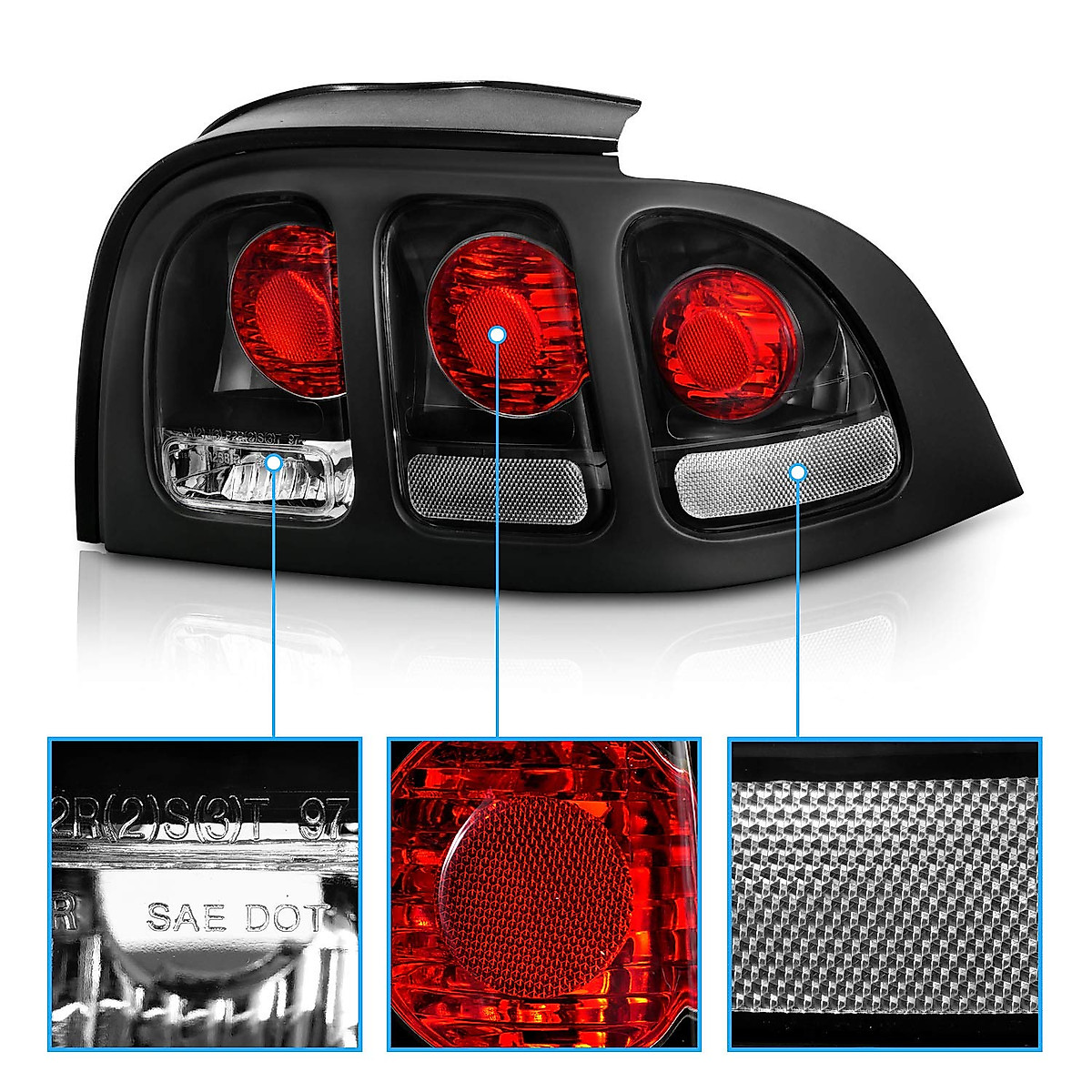 AmeriLite for 1994-1998 Ford Mustang Black Bezel Replacement Brake Lamp Taillights Set - Passenger and Driver Side