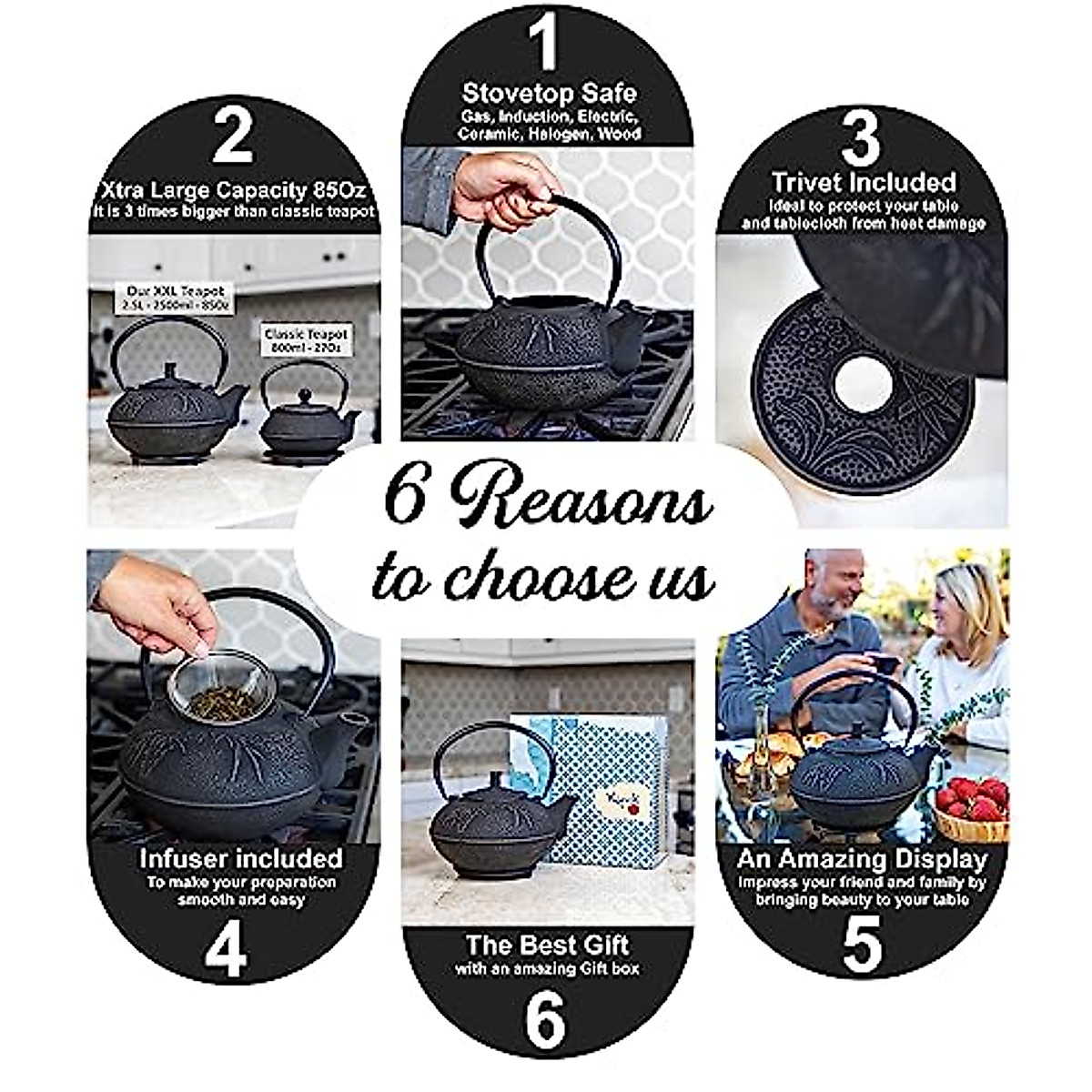 XXL Cast Iron Teapot Xtra Large Capacity 85Oz/2500ml with Trivet and Loose Leaf Tea Infuser, Large Cast Iron Teapot Kettle Stovetop Safe. Tetsubin Coated with Enamel Interior - Big Teapot Black