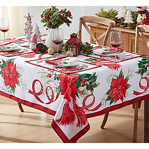 Home Bargains Plus Christmas Holiday Tassels 60 x 144 Inch Rectangle Fabric Tablecloth, Festive Red Poinsettia Garland Stain Resistant Easy Care Table Cover for Dinner Party and Banquet