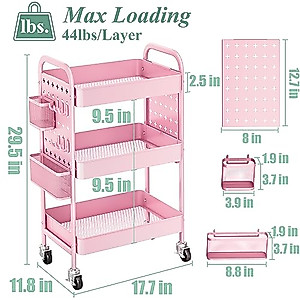 3 Tier Rolling Cart Organizer - Utility Cart on Wheels, Metal Pink Rolling Storage Cart with DIY Dual Pegboards, Removable Baskets Hooks, Teacher Rolling Art Cart for Office, Home, Kitchen, Classroom