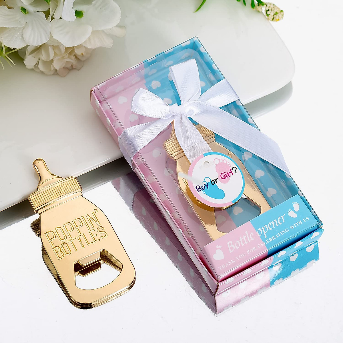 24Pack Baby Bottle Openers for Baby Shower Favors Gifts, Decorations Souvenirs, Poppin Bottles Openers with Gifts Box used for Guests Gender Reveal Party Favors (24, Blue and Pink)
