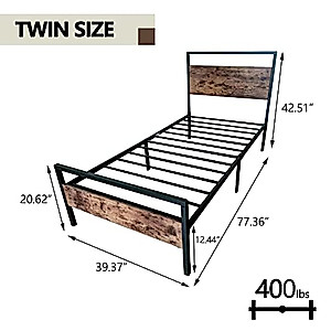 alazyhome Modern Industrial Twin Size Bed Frame Metal Platform with Rustic Wooden Headboard and Footboard, No Box Spring Needed, Noise Free, Easy Assembly Black