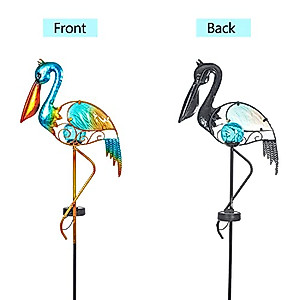 Asense Garden Solar Lights Pathway Stake Outdoor Metal Sculpture Art Decor, Solar Powered LED Lights for Lawn Patio Courtyard, Blue Flamingo with Crackle Glass Ball