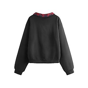 SweatyRocks Women's Casual Color Block Crop Tee Top Collar Long Sleeve Pullover Sweatshirt Tops Mushroom Black M