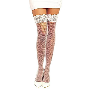 Dreamgirl womens Fishnet Thigh High Stockings With Silicone Lace Top adult exotic hosiery, White, One Size US