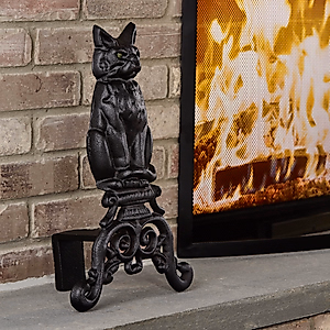 UniFlame, A-1251, Black Cast Iron Cat Fireplace Andirons with Reflective Glass Eyes
