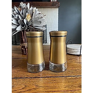 Elegant Copper Gold Salt and Pepper Shaker Set Adjustable Stainless Steel and Glass Modern Design Adjustable Top Makes it the ideal Spice and Seasoning Dispenser Kitchen Sugar and Cinnamon Shakers