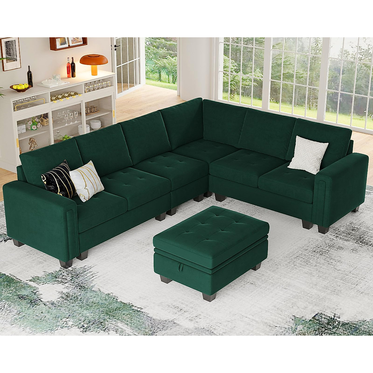 Belffin Velvet L Shaped Sofa Couch with Reversible Chaise Convertible Modular Sectional Sofa Set with Storage Ottoman Corner Sofa Set for Living Room Green