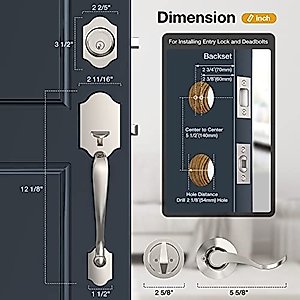 Brightify Satin Nickel Front Door Handle, Satin Nickel Door Handle with Door Lever, Modern Front Door Handle Set, Adjustable Deadbolt Lock Set with Single Cylinder, Reversible for Right&Left