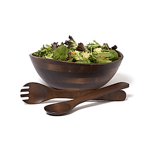 Lipper International Walnut Matte Bowl w/Wavy Rim 13" with Pair of 12" Salad Servers