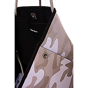 Haute Shore - Greyson Sahara Neoprene Tote Bag wZipper Wristlet Inside, Beige Camo WWhite & Rosegold Stripe
