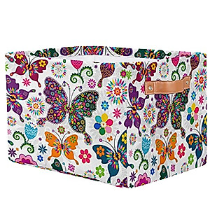 Pardick Floral Butterfly Large Collapsible Storage Bins ,Flying Butterfly Decorative Canvas Fabric Storage Boxes Organizer with Handles，Rectangular Baskets Bin for Home Shelves Closet Nursery Gifts