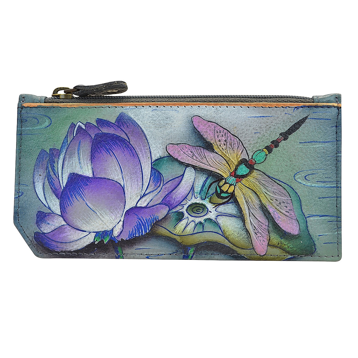 Anuschka Hand Painted Leather Women's RFID Blocking Card Case with Coin Pouch - Tranquil Pond