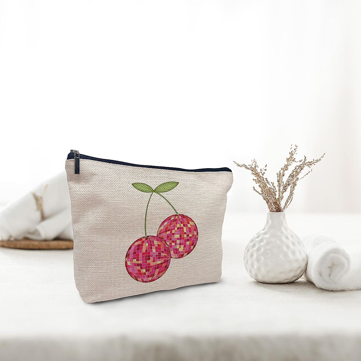 Nogrit Hot Pink Preppy Cherry Disco Ball Makeup Bag for Teen Girls & Women