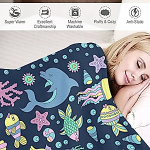 Doodles Underwater Sea Horse Dolphin Throw Blanket for Couch Bed Flannel Lap Blanket Lightweight Cozy Plush Blanket for All Seasons 50"x70"
