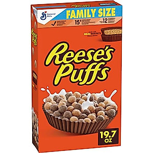 REESE’S PUFFS Chocolatey Peanut Butter Cereal, Kid Breakfast Cereal, Family Size, 19.7 oz