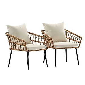 BizChair Evin Set of 2 Boho Indoor/Outdoor Rope Rattan Wicker Patio Chairs with Cream All-Weather Cushions, Natural