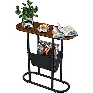 graffitimaster Oval Narrow Side Table with Magazine Sling Holder Pouch, Slim End Table with Metal Frame for Living Room Bedside Bedroom Couch Small Spaces, Retro Wood Grain Finish