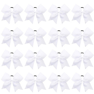 16PCS 8" Large Cheer Hair Bows Ponytail Holder Elastic Band Handmade for Cheerleading Teen Girls College Sports (White, 16 Count (Pack of 1))