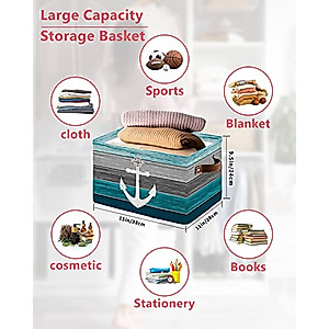 Turquoise Grey Ombre Wood Storage Basket Waterproof Cube Storage Bin Organizer with Handles, Beach Nautical Anchor Ocean Coastal Collapsible Storage Cubes Bins for Clothes Books Toys 15"x11"x9.5"
