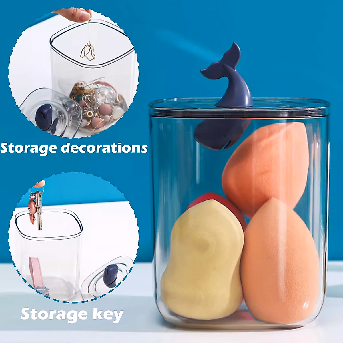 HomDSim 2 Pack Qtips Holder Dispenser,Cute animal shape Jar with Clear Lid Dustproof Cover,for Cotton Ball Swabs Round Pads Toothpick, Clear Plastic Jar Set for Bathroom Canister Storage Organization