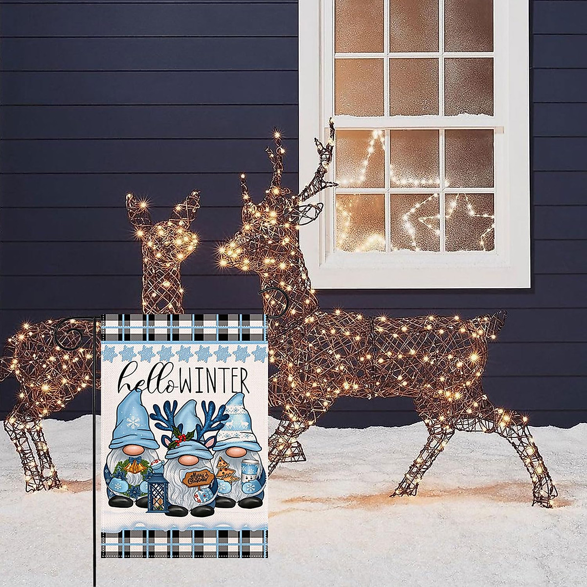 Gnome Garden Flag - Hello Winter Snowflake Garden Flags 12x18 Double Sided Christmas Yard Flag Buffalo Plaid Burlap Farmhouse Welcome Decorative Flags for Outside Outdoor Lawn Xmas Decoration