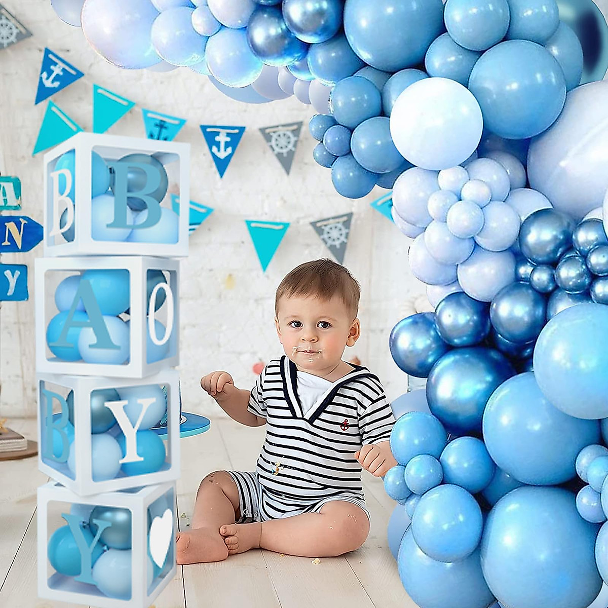 DataMoon Baby Shower Decorations for Boy - Navy Blue Baby Blue Different Sizes Light Blue Balloon Arch Kit,4pcs Boxes with Letters for Baby Boy Shower,Happy Birthday Decorations,Gender Reveal Party