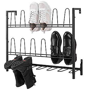 MyGift Premium Black Metal Hanging Wall Shoe Rack for Walk in Closet, Mudroom and Entryway, Wall Mounted Space Saving Boot and Shoe Rack Organizer, Holds 9 Pairs