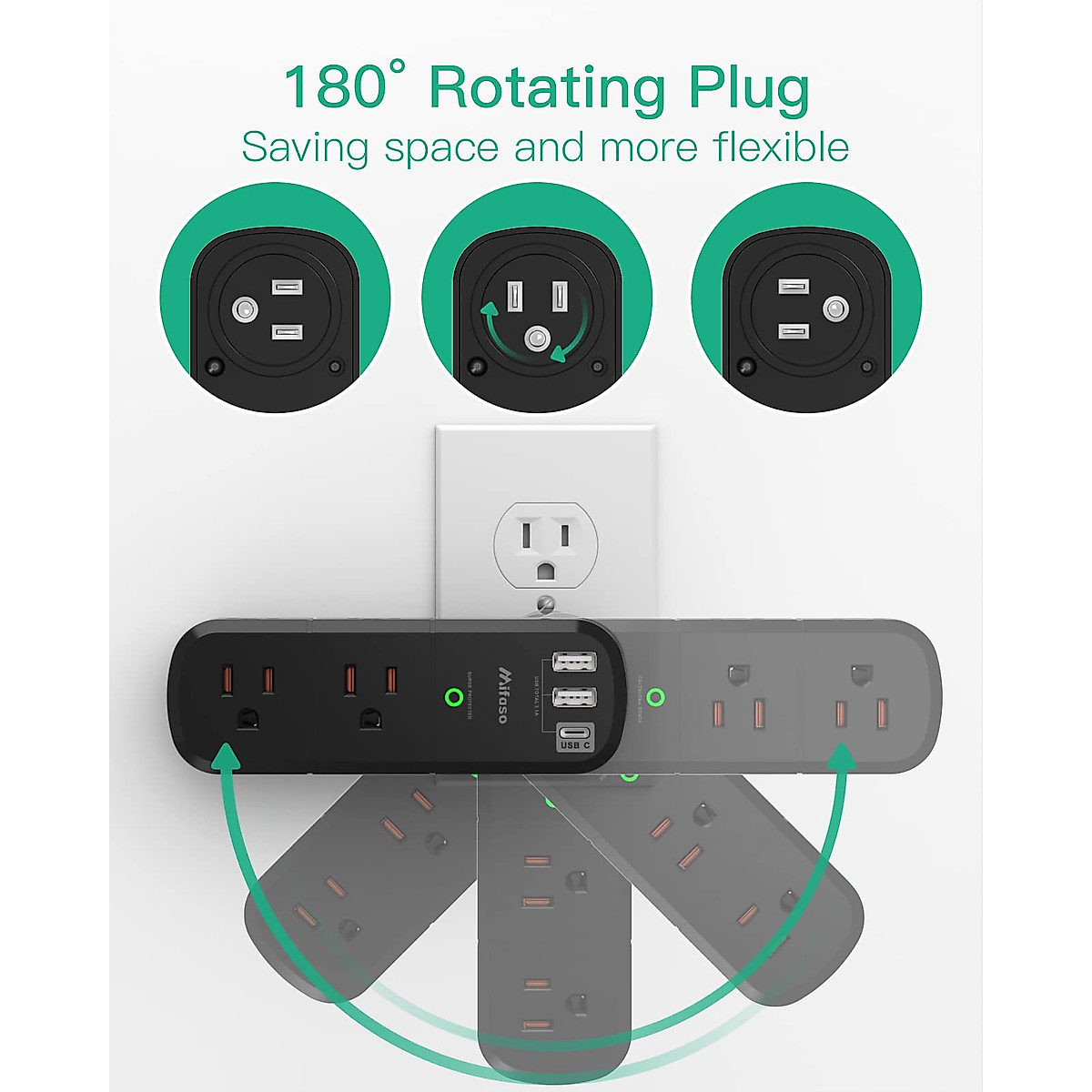 USB Outlet Extender Surge Protector - with Rotating Plug, 1800 Joules, 6 AC Multi Outlet and 3 USB Ports (1 USB C), 3-Sided Swivel Power Strip with Spaced Splitter for Home, Office, Travel
