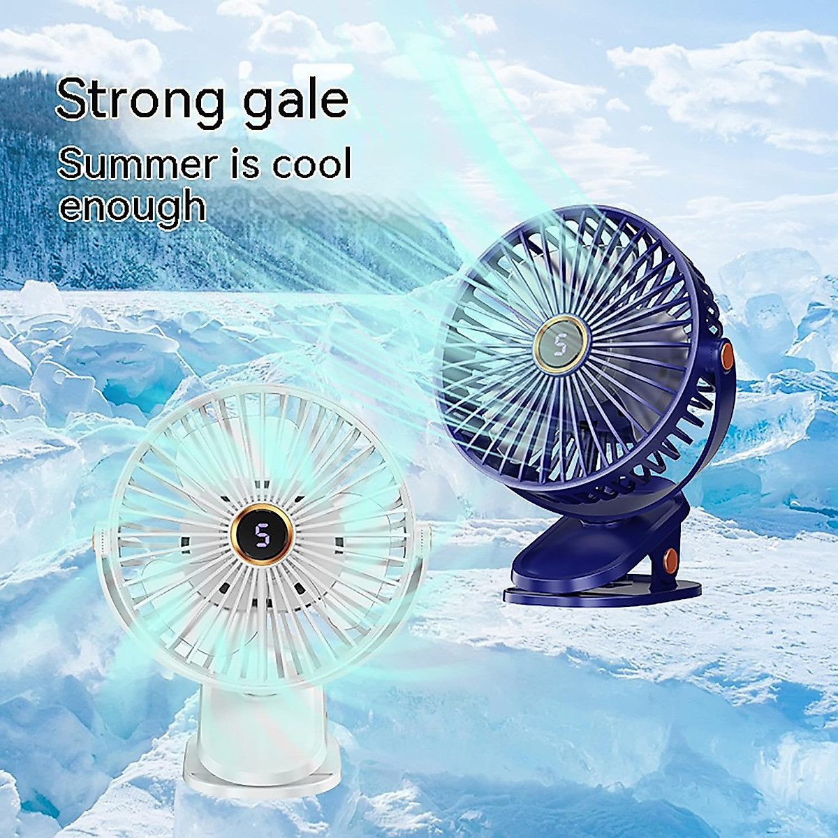 AbuDodo Portable Clip on Fan with LED Light, Digital Display, Quiet, 5-Speed Rechargeable Mini Table Fan, 360° Rotation: Personal Cooling Device for Home, Office, Stroller, Camping, Outdoor - Blue