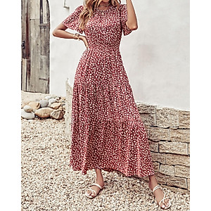 PRETTYGARDEN Women's Summer Casual Short Flutter Sleeve Round Neck Smocked Waist Tiered Boho Floral Flowy Maxi Dress(Floral Red Brown,X-Large)
