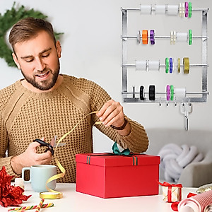 Tandefio Ribbon Wall Holder 4 Tier Ribbon Organizer Sewing Tool Thread Storage Rack Wire Spool Rack Wall Mount with 5 Hook for Ribbon Thread Fabric Wrapping Paper Scarf Belt Towel
