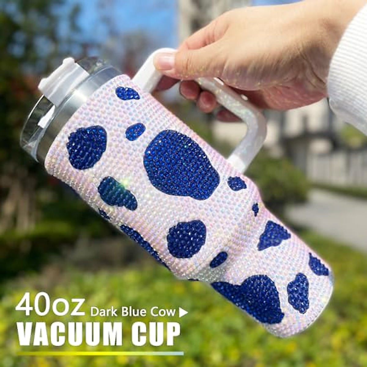 Cupcupmore 40oz Dark Blue Cow Bling Rhinestone Stainless Steel Sippy Tumbler Glitter Vacuum Insulated Water Bottle with Straw & Lid & Handle,Thermos for Hot & Cold Drinks,Car Cup Holder,Coffee
