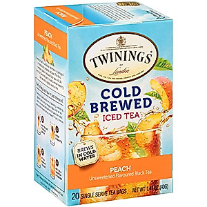Twinings Cold Brewed Iced Tea Bags, Peach - Ready in 5 Minutes, Flavoured Black Tea Cold Brew Bags, Caffeinated, Unsweetened, 20 Count