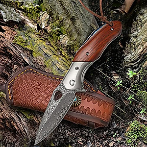 STANBIK Damascus Pocket Knife with Sheath,3.1 inch Damascus Steel Folding Knife，Sandalwood Handle,EDC Pocket Knives for Hiking Camping.