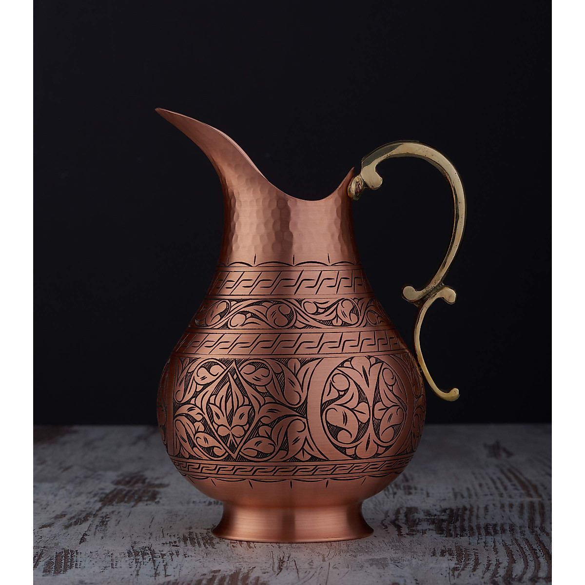 DEMMEX The Pitcher, 1mm Solid Copper Handmade Engraved Copper Pitcher Vessel Ayurveda Jug for Drinking Water, Moscow Mule, Cocktail (Matte-Engraved)