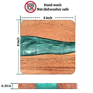 Wood and Resin Coasters Set of 4 with Holder for Wooden Table, Handmade Acacia Wood and Epoxy Resin Coaster Set, Protect Tables, Non-Absorbent and Easy to Clean, for Home, Office, or Bar