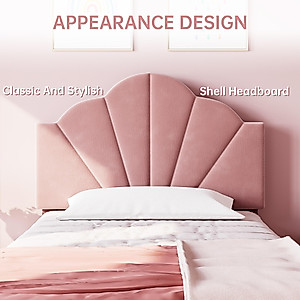 IDEALHOUSE Twin Pink Bed Frame, Twin Velvet Upholstered Bed Frame with Height Adjustable Headboard, Girl Twin Bed Frame with Strong Wood Slat Support and Metal Frame, Easy to Assemble