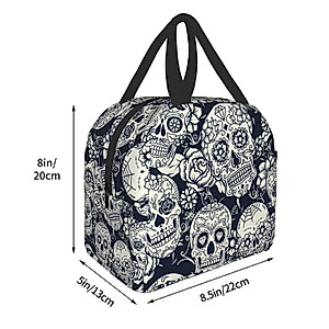 Duduho Floral Sugar Skull Lunch Bag Compact Halloween Tote Bag Reusable Lunch Box Container For Women Men School Office Work